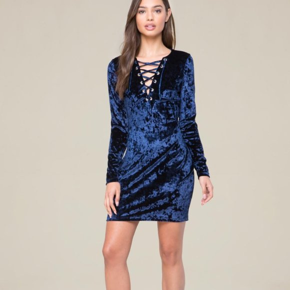 bebe | Dresses | Nwt Bebe Blue Velvet Velour Lace Up Dress Xxs | Poshmark